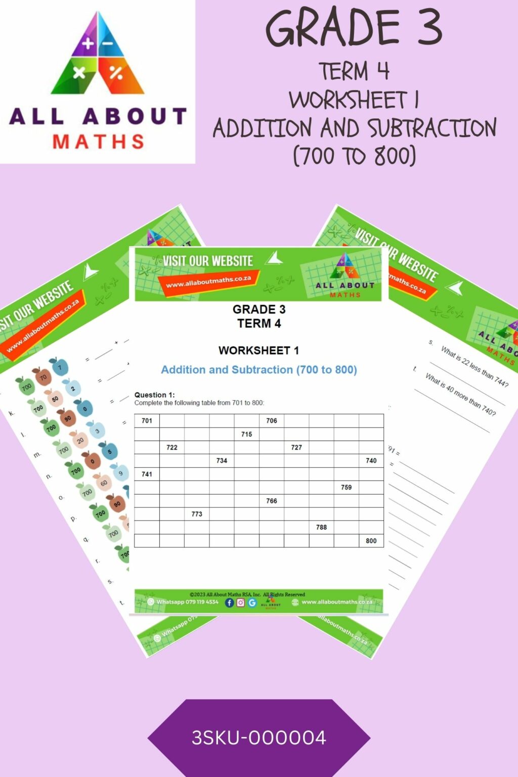 Grade 3 - Worksheet 1: Addition And Subtraction Between 700 And 800