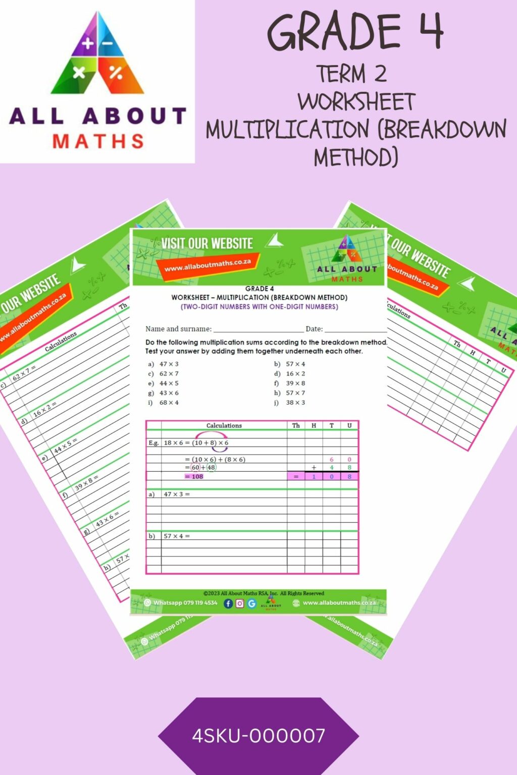 Grade 4 - Worksheet: Multiplication (Breakdown Method)