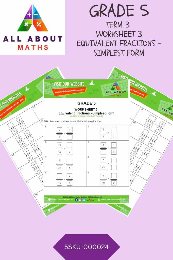 Grade 5 - Fractions: Worksheet 3 - Simplifying Of Fractions