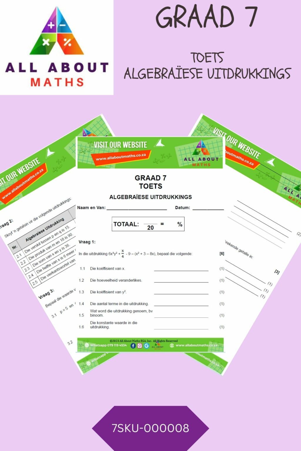 Graad 7 - Toets: Algebraïese Uitdrukkings