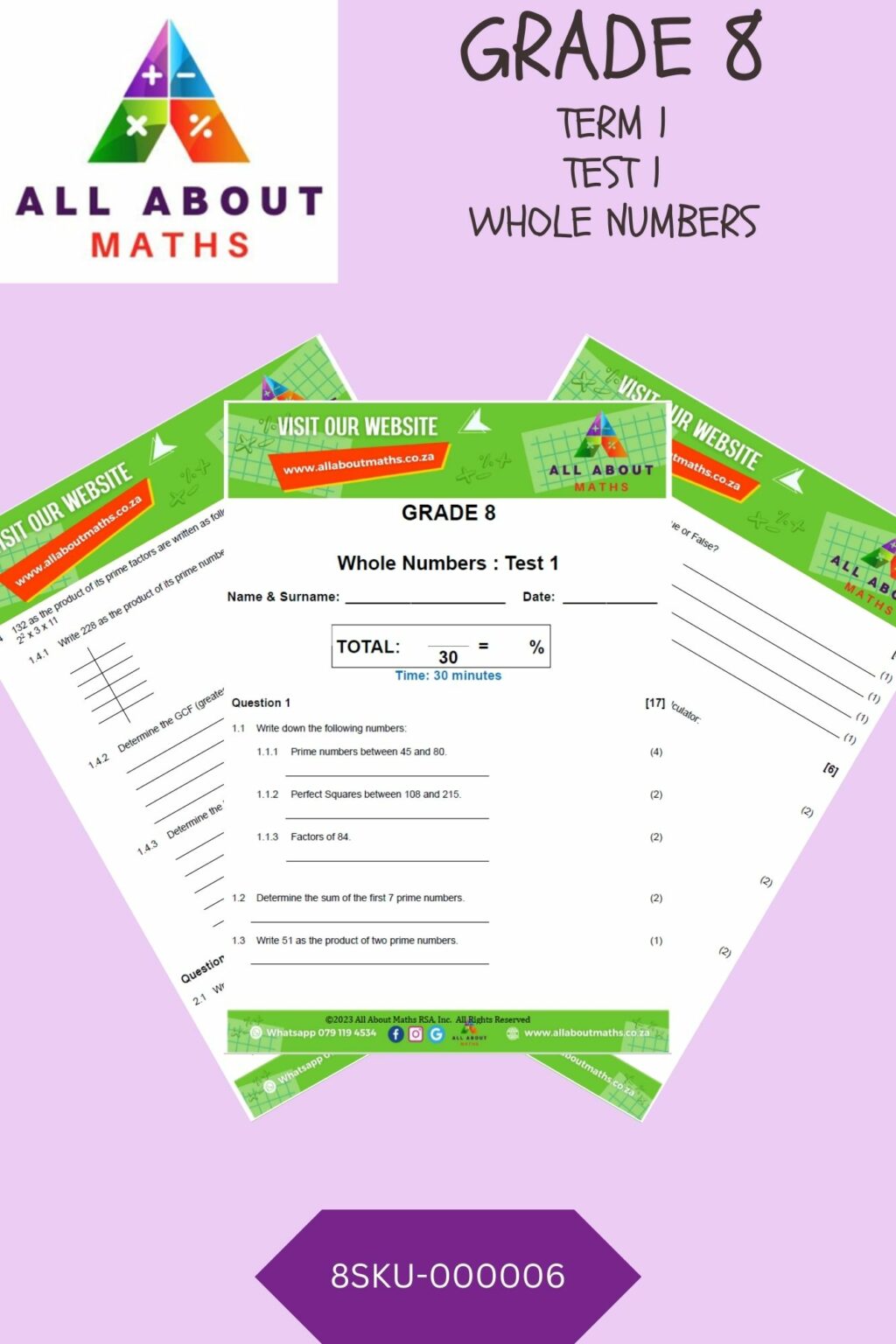 GRADE 8 - REVISION TEST: WHOLE NUMBERS